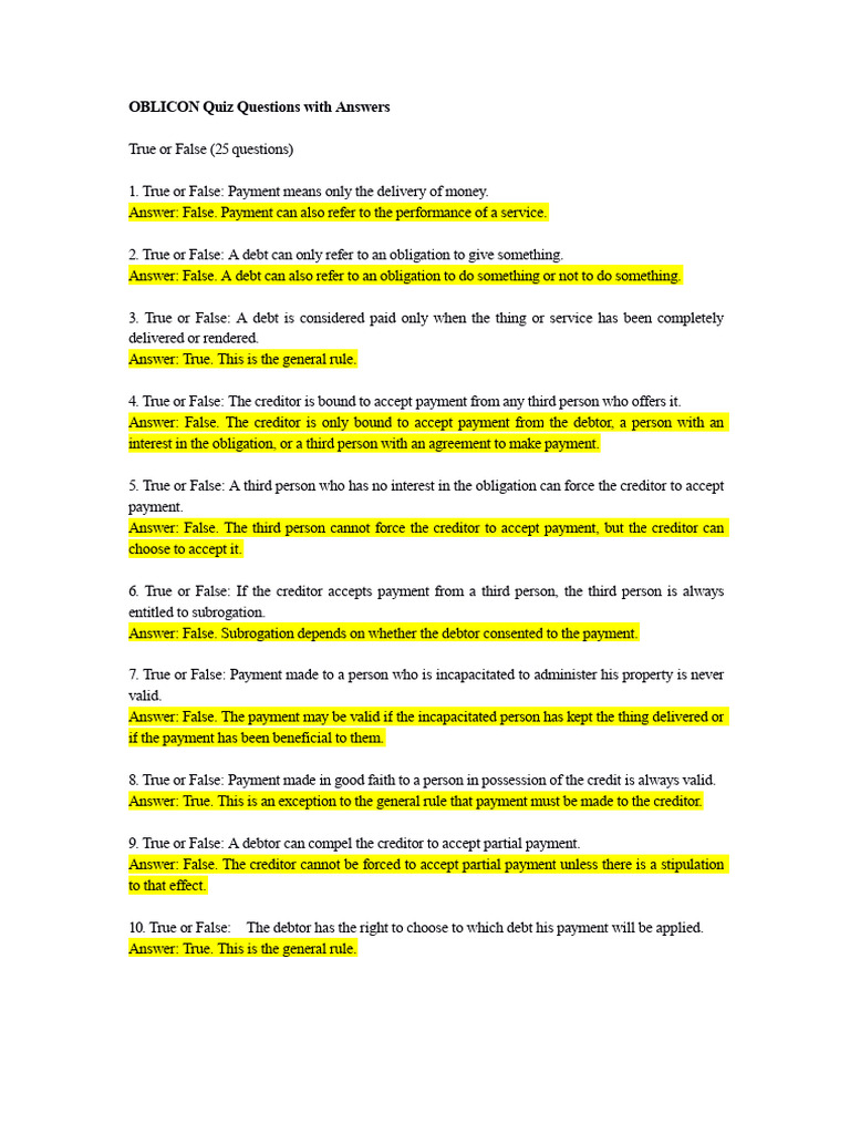 OBLICON (Possible Question) | PDF | Payments | Debtor