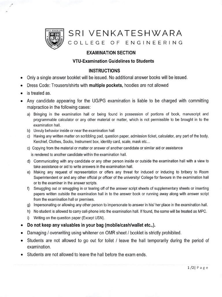 VTU - Examination Guidelines To Students - 0001 | PDF
