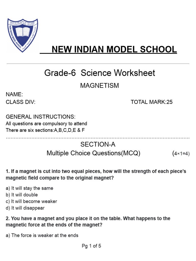 Magnetism Worksheet 6th Grade | PDF | Magnet | Magnetic Field
