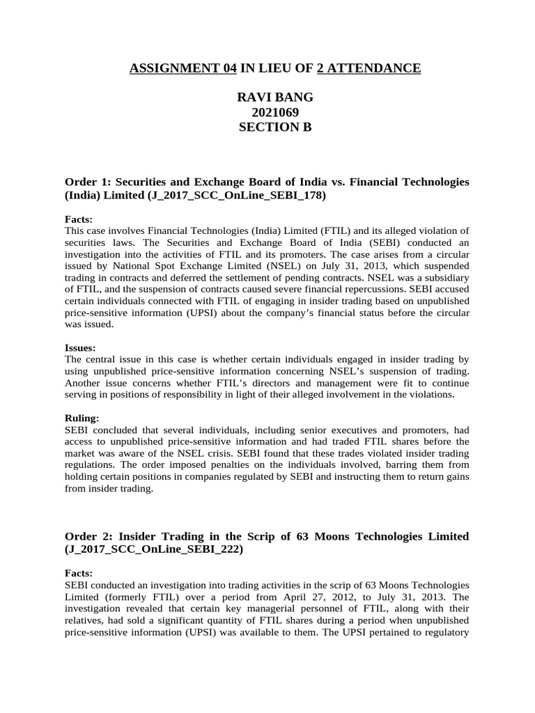 Assignment 04 - Ravi Bang | PDF | Insider Trading | Business Law