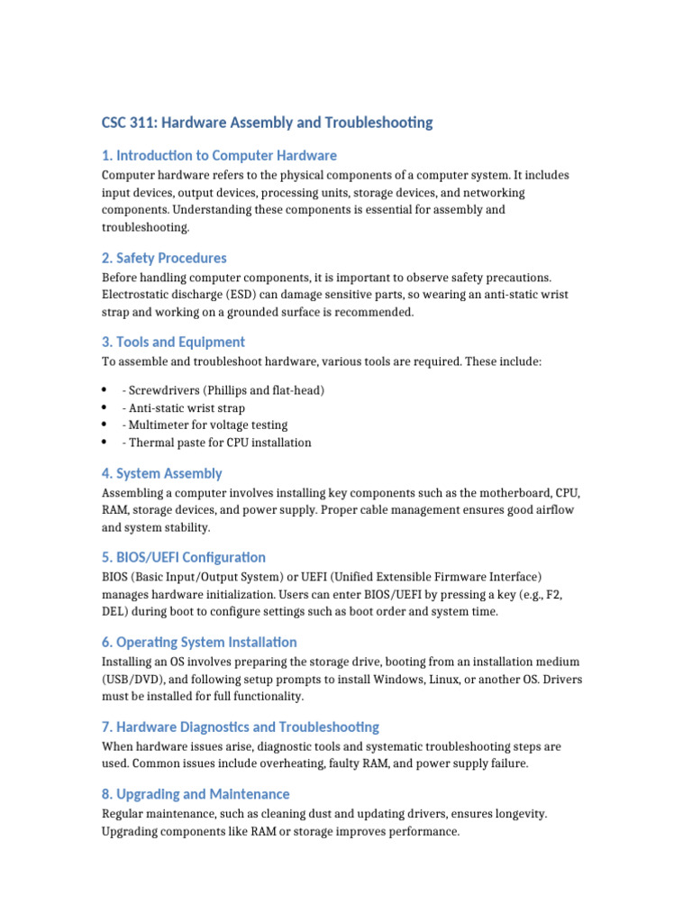 CSC 311 Hardware Assembly and Troubleshooting | PDF