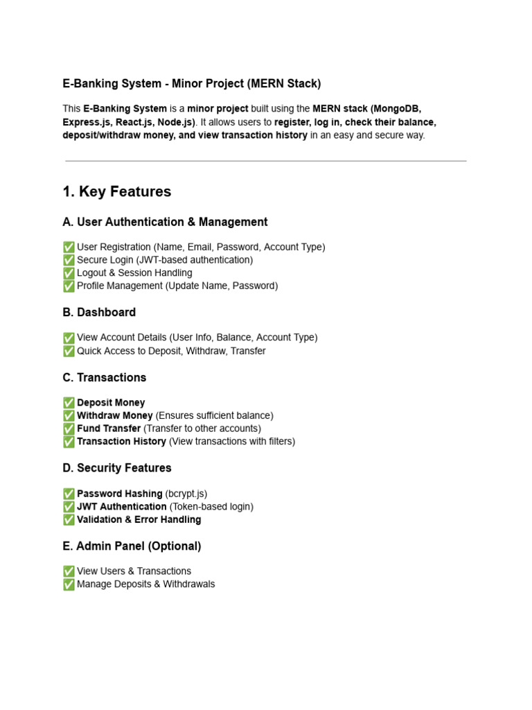 E-Banking System - Minor Project (MERN Stack) | PDF