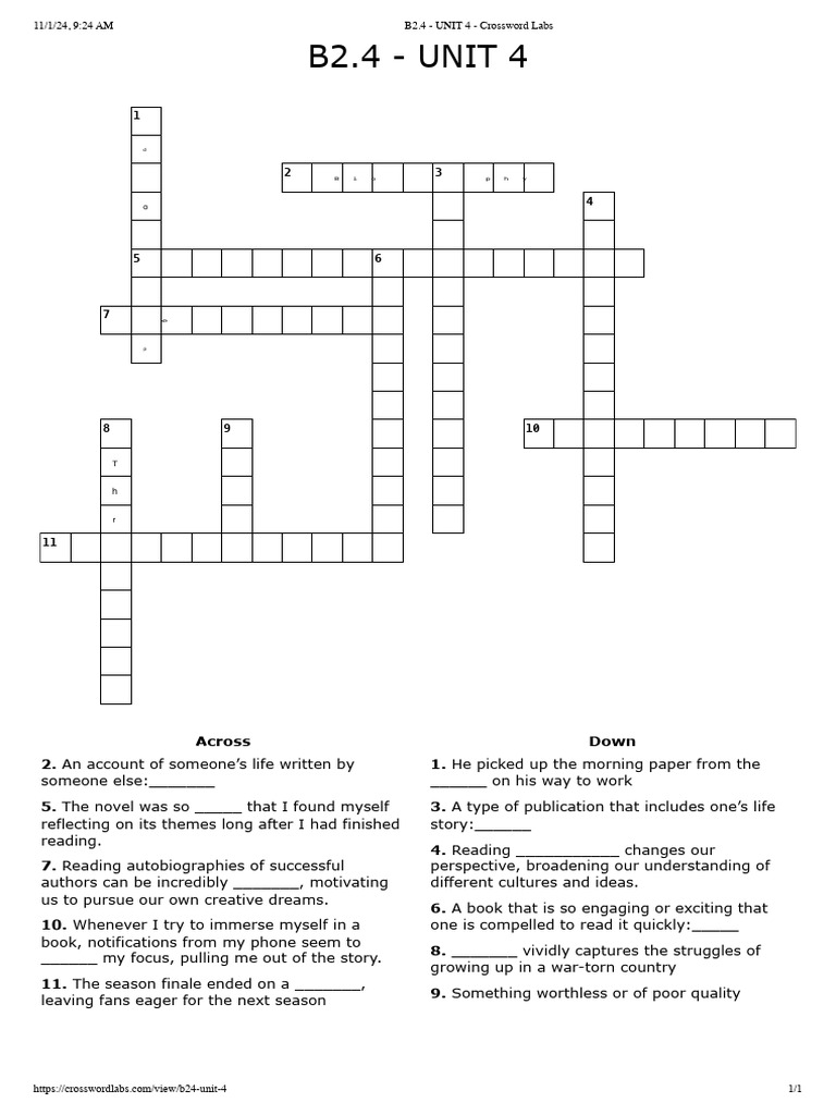 Unit 4 Crossword Puzzle Answers | PDF