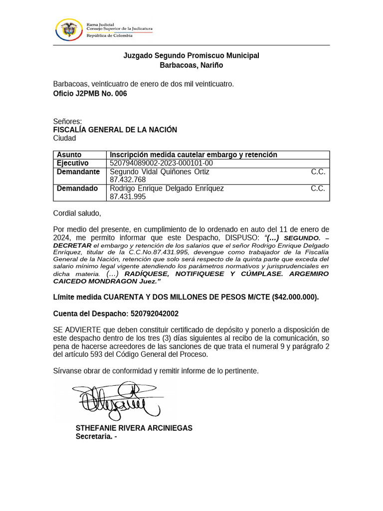 Oficio 006 Comunica Medida Fiscalia | PDF