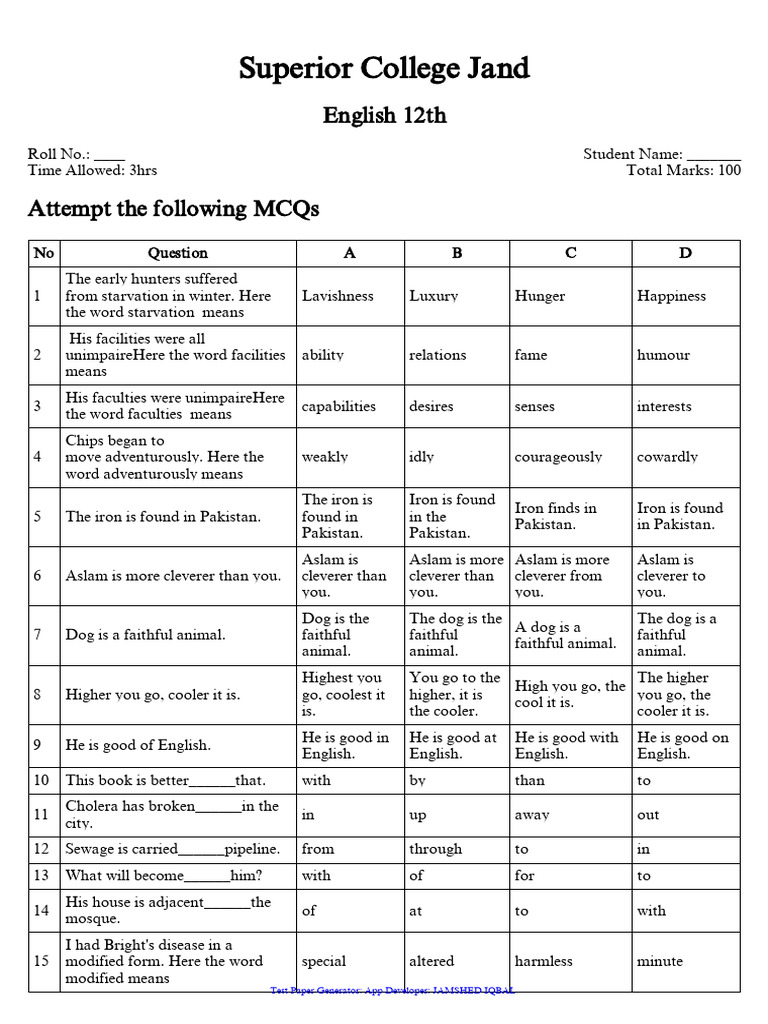 English 12th - 01-01-2025-190057998 | PDF