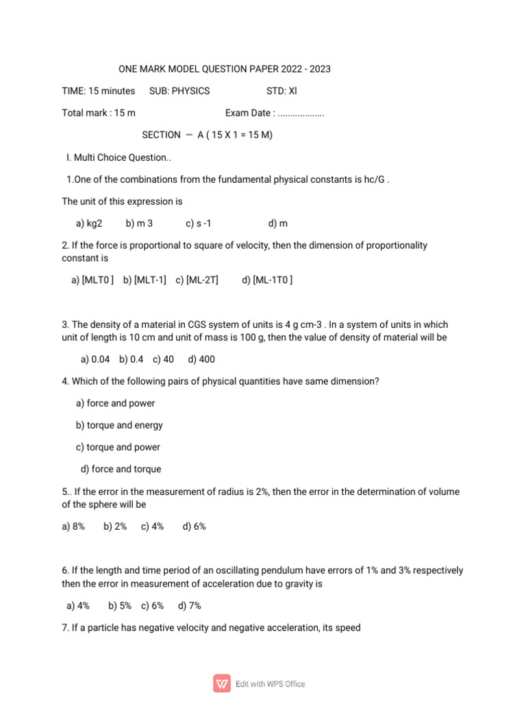 11th-Physics-EM-1-Marks-Test-Paper-English-Medium-PDF-Download | PDF