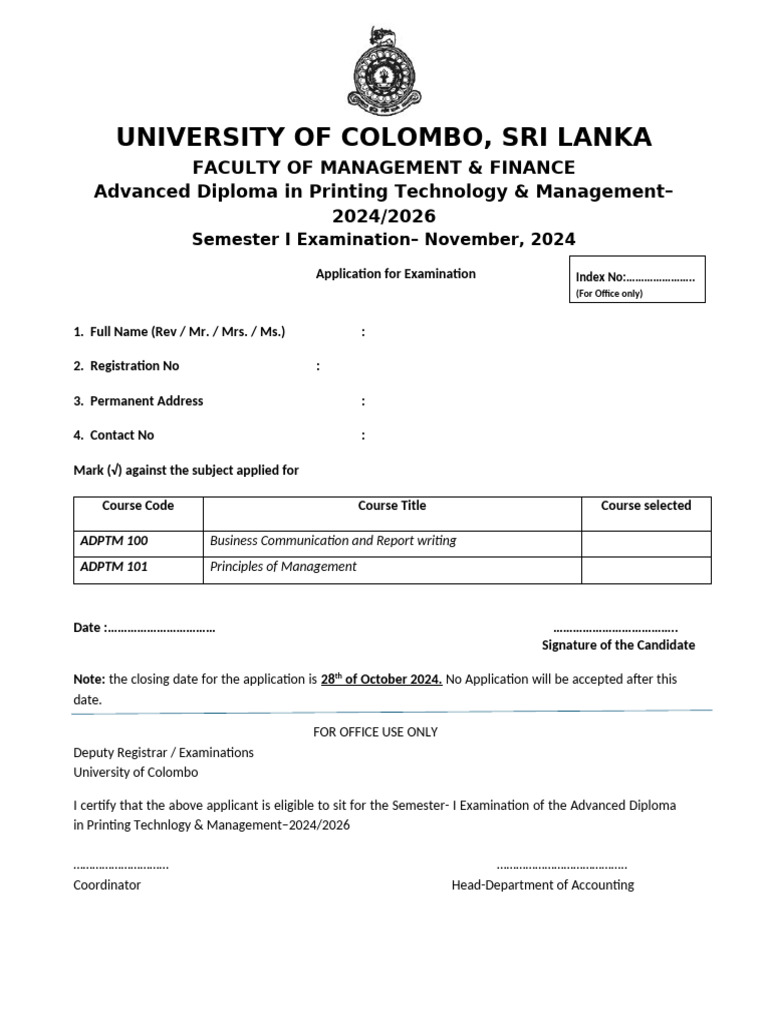 Advanced Diploma Exam Application Form | PDF
