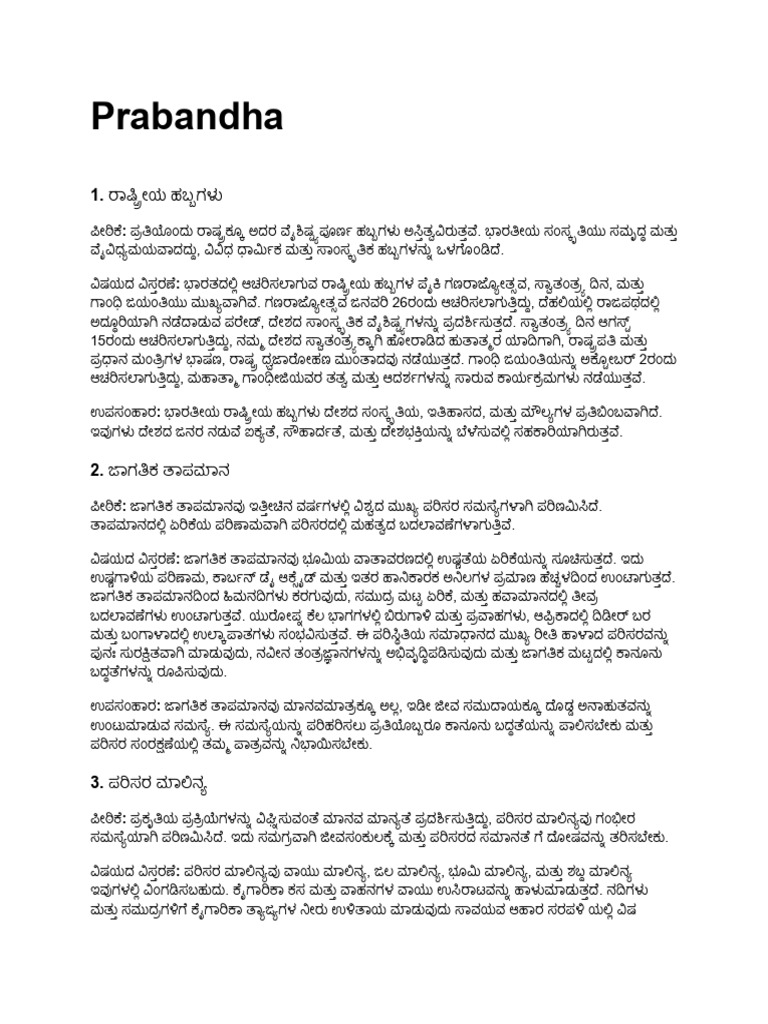 Prabandhas On The Topics Given in The Class 8 Kannada TB | PDF