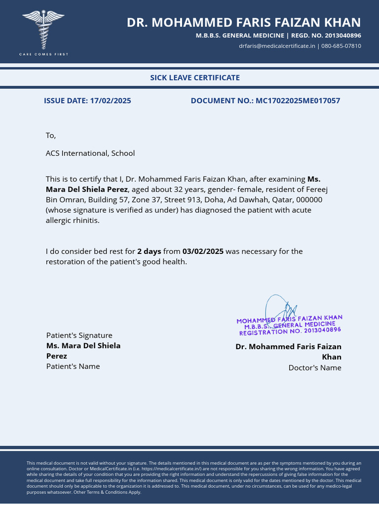 Sick Leave Certificate - MC17022025ME017057 | PDF