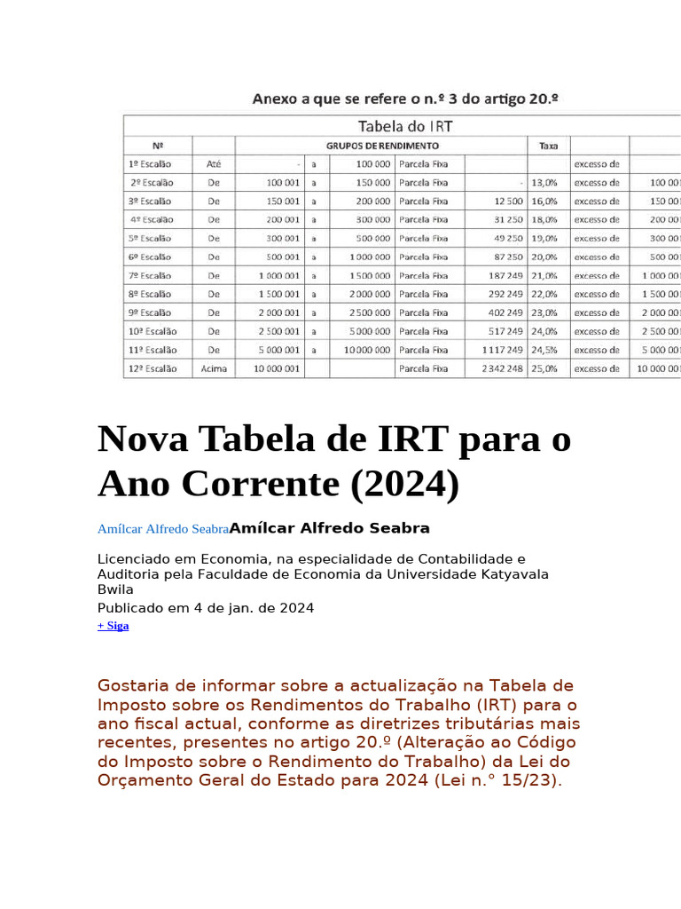 Nova Tabela de IRT para o Ano Corrente | PDF | Impostos | Imposto de Renda
