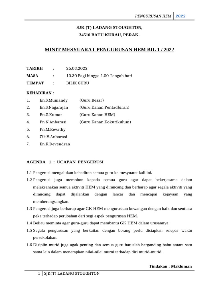 Minit Mesyuarat Hem Bil 1 2023 | PDF