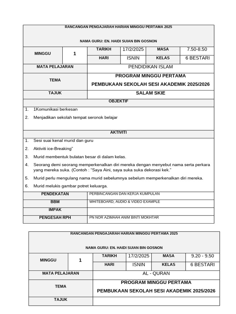 RPH Minggu 1 2025: Aktiviti & Objektif | PDF