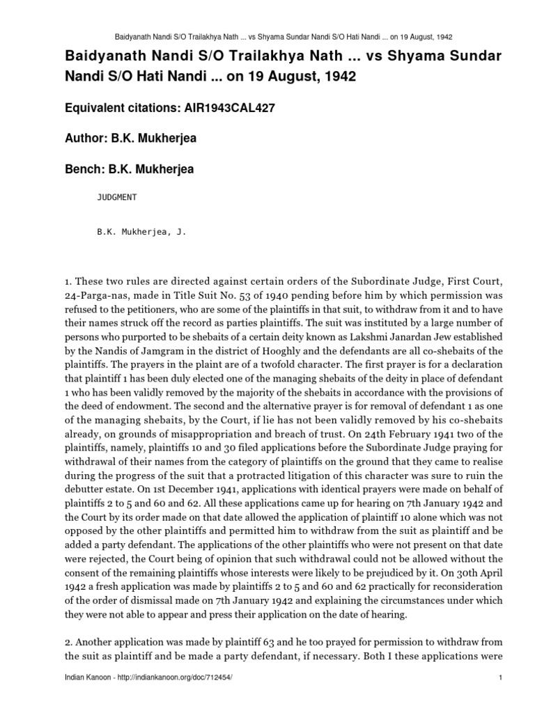 Baidyanath Nandi S O Trailakhya Nath Vs Shyama Sundar Nandi S O Hati Nandi On 19 August 1942 ...