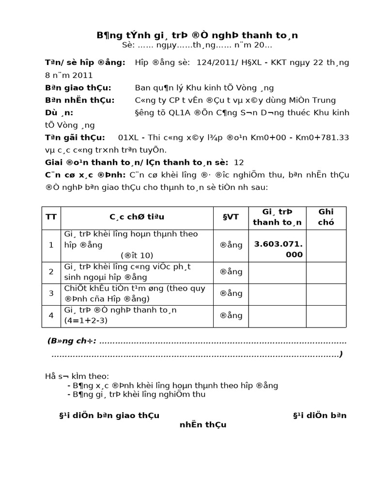 Bang Tinh Gia Tri de Nghi Thanh Toan Phu Luc 1 | PDF