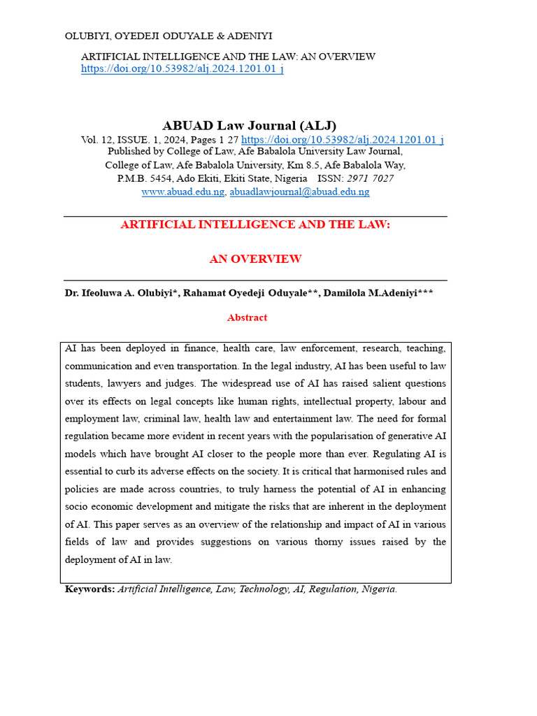 Abuad Law Journal AI and The LAw | PDF | Artificial Intelligence ...