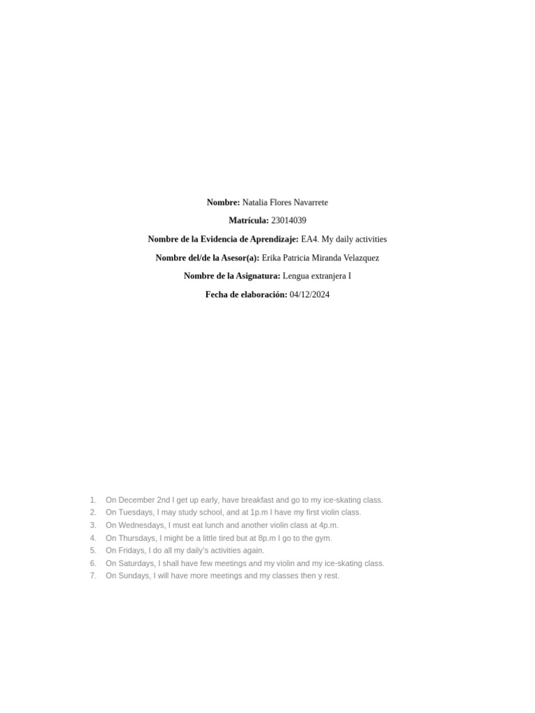 Flores Natalia My Daily Activities | PDF