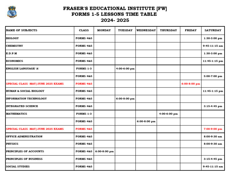Student Timetable for Forms 1-5 | PDF