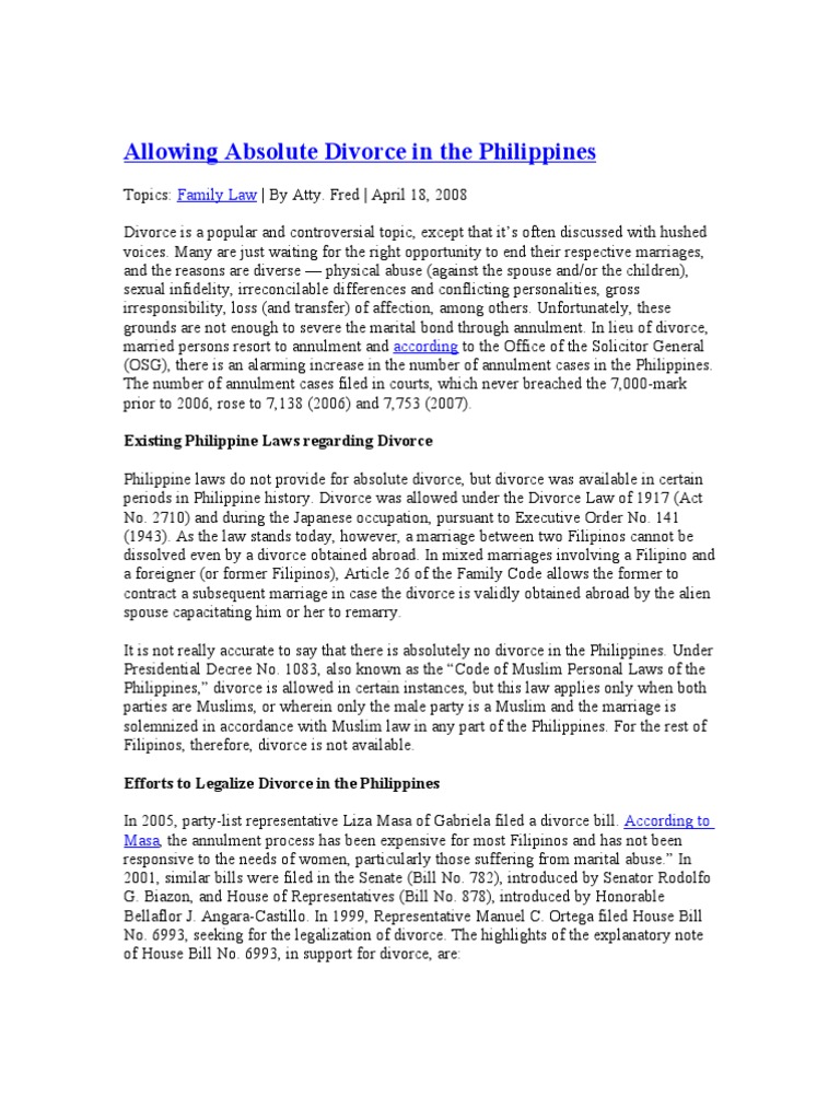 Legalizing Absolute Divorce in the Philippines | PDF | Divorce | Alimony