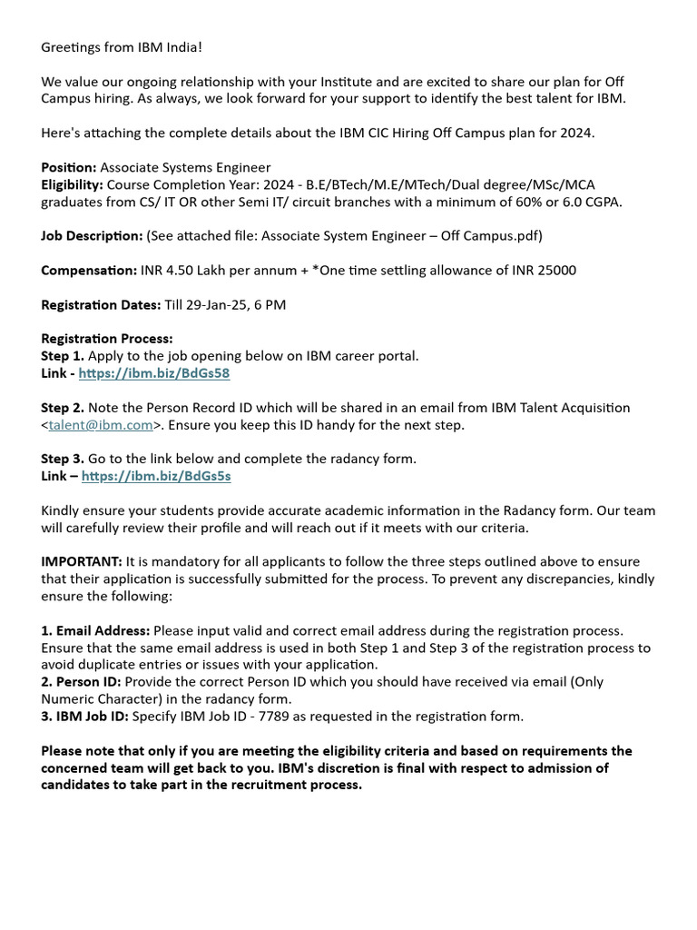 IBM Off-Campus Hiring 2024 Details | PDF