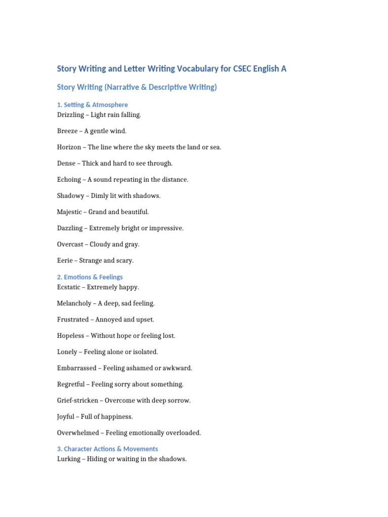CSEC English A Story Letter Writing Vocabulary | PDF