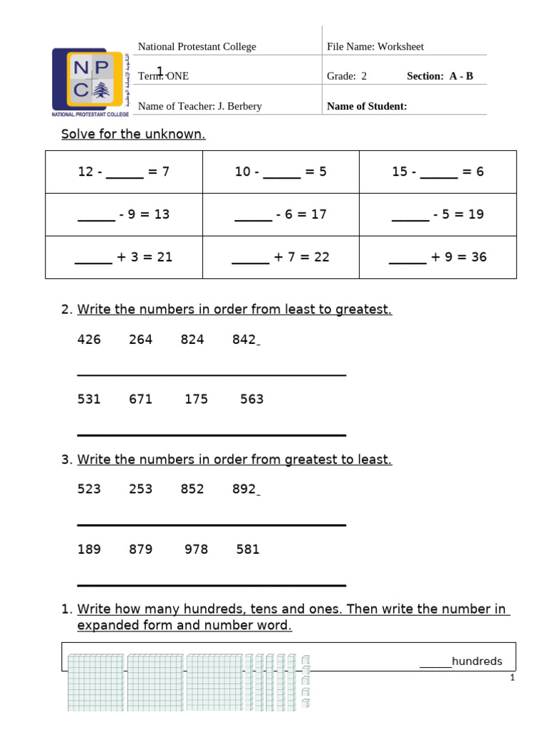 Grade 2 Revision Worksheet 2 | PDF
