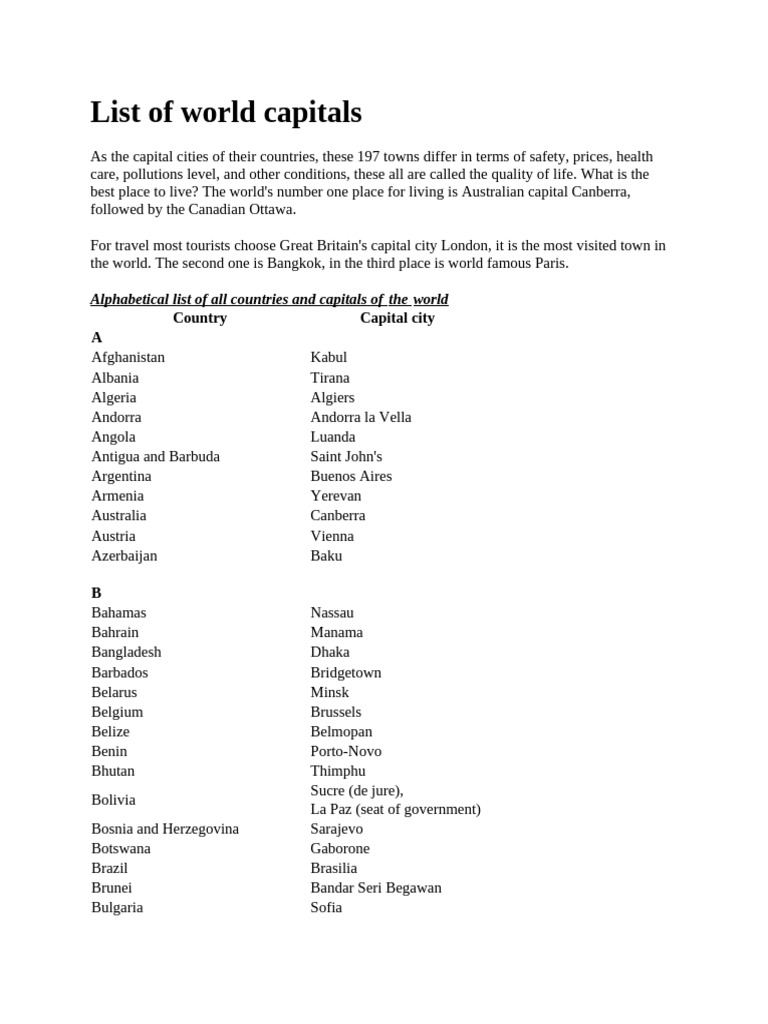 List of World Capitals | PDF | Urban Planning | Settlement Geography