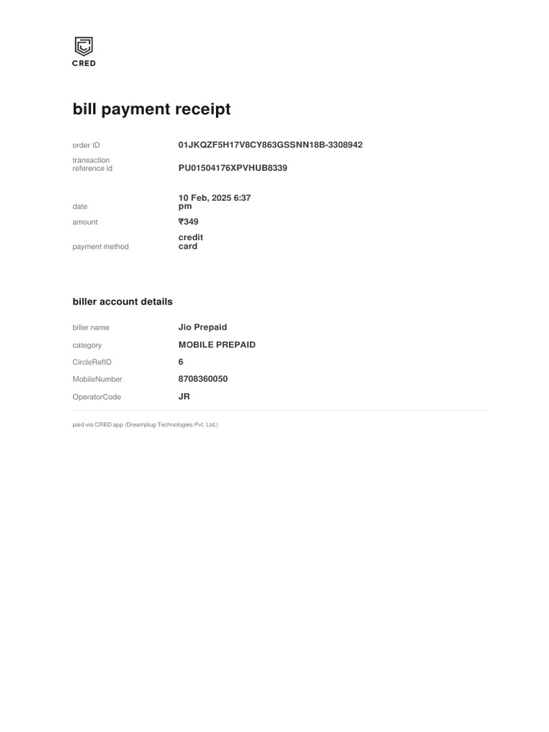 Jio Prepaid Bill Payment Receipt | PDF