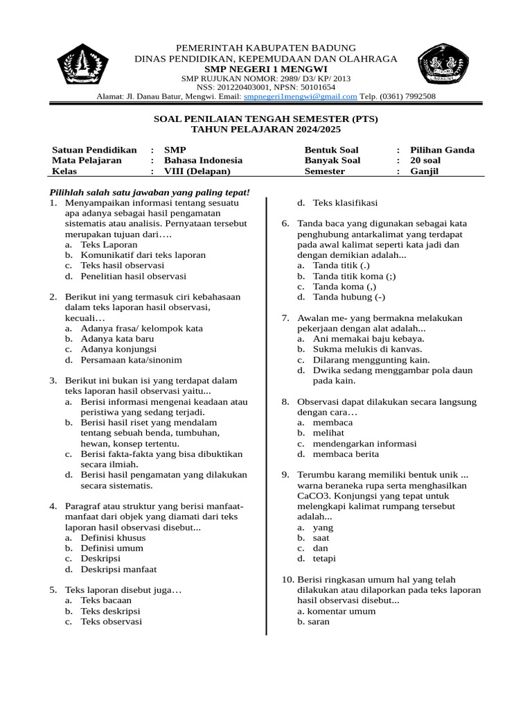 Soal PTS Kumer Kelas 8 Ganjil | PDF