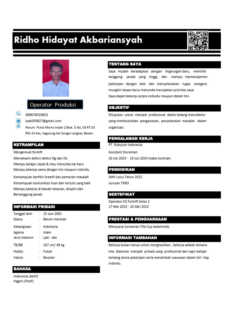 Surat Lamaran Kerja Ridho Hidayat Akbariansyah (Memiliki SIO Forklift) . | PDF