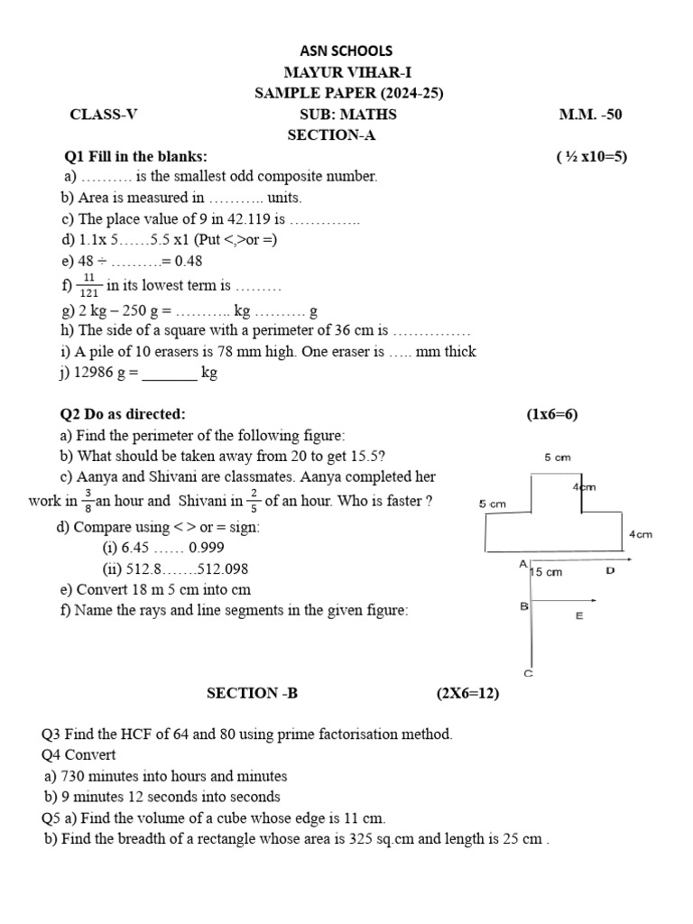 Maths Sample Paper Class V 2024-25 | PDF | Length | Quantity