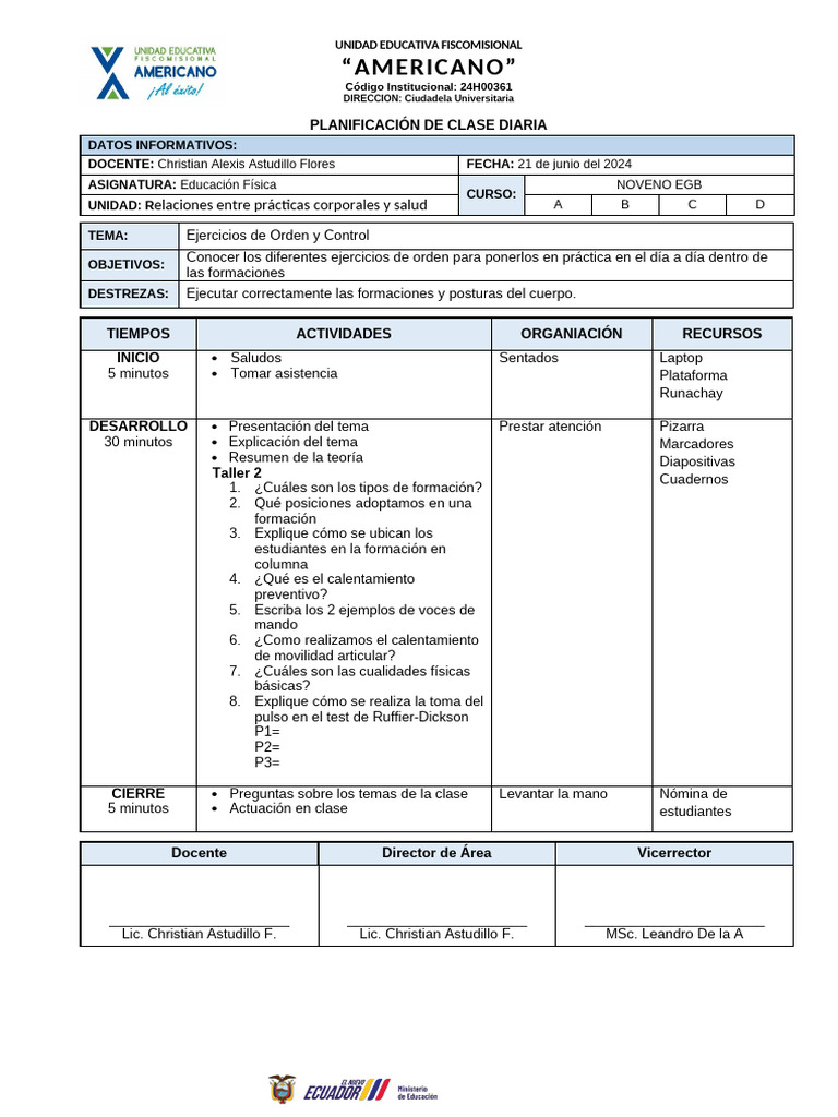 Plan de Clase Diaria EEFF-9no Taller | PDF