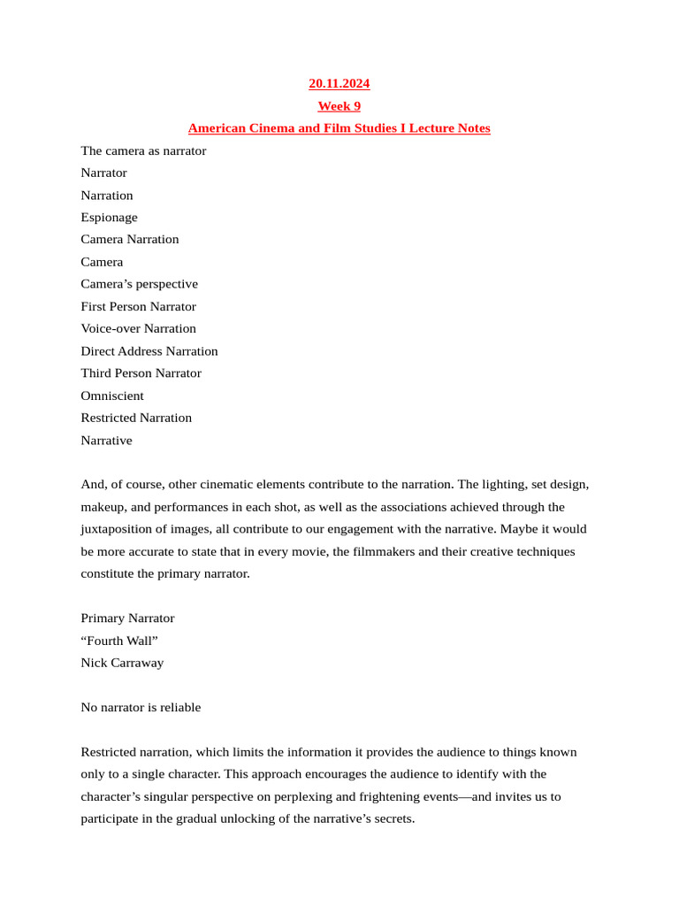 American Cinema and Film Studies Lecture Notes I | PDF | Screenplay ...
