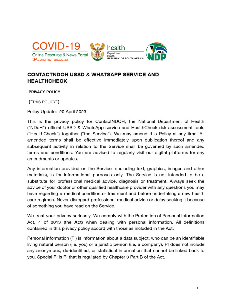 NDOH - ContactNDOH WhatsApp Helpline & HealthCheck FULL Privacy Policy ...
