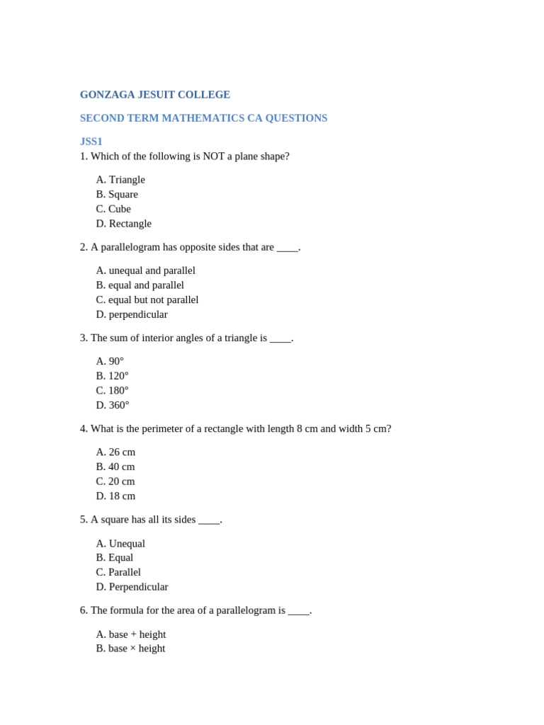 JSS1 Math Week5 6 Questions | PDF