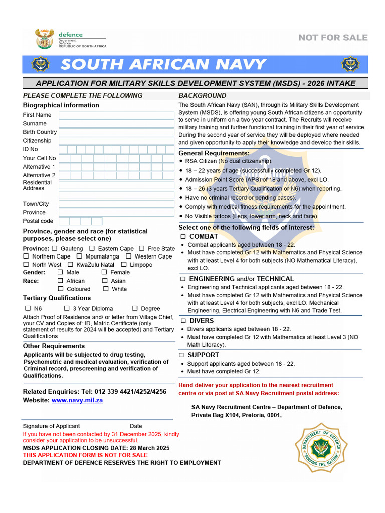 SA Navy MSDS 2026 Application Guide | PDF