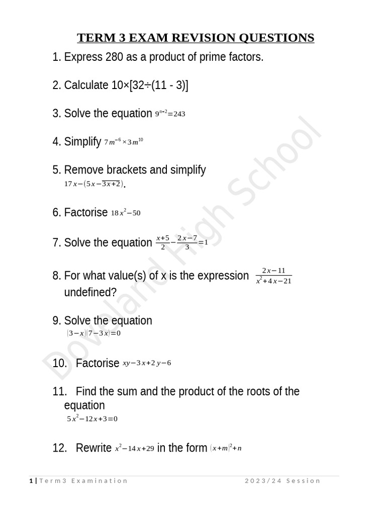 Math Exam Revision Guide | PDF | Factorization | Algebra