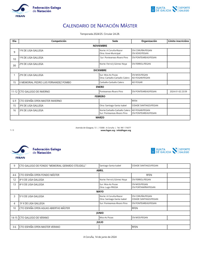 Galicia Calendario Master | PDF | Nadando | Actividades de ocio