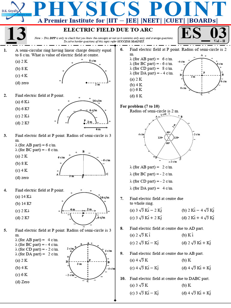 ES DPP 03 (Electric field due to ARC) | PDF | Electromagnetism | Physics