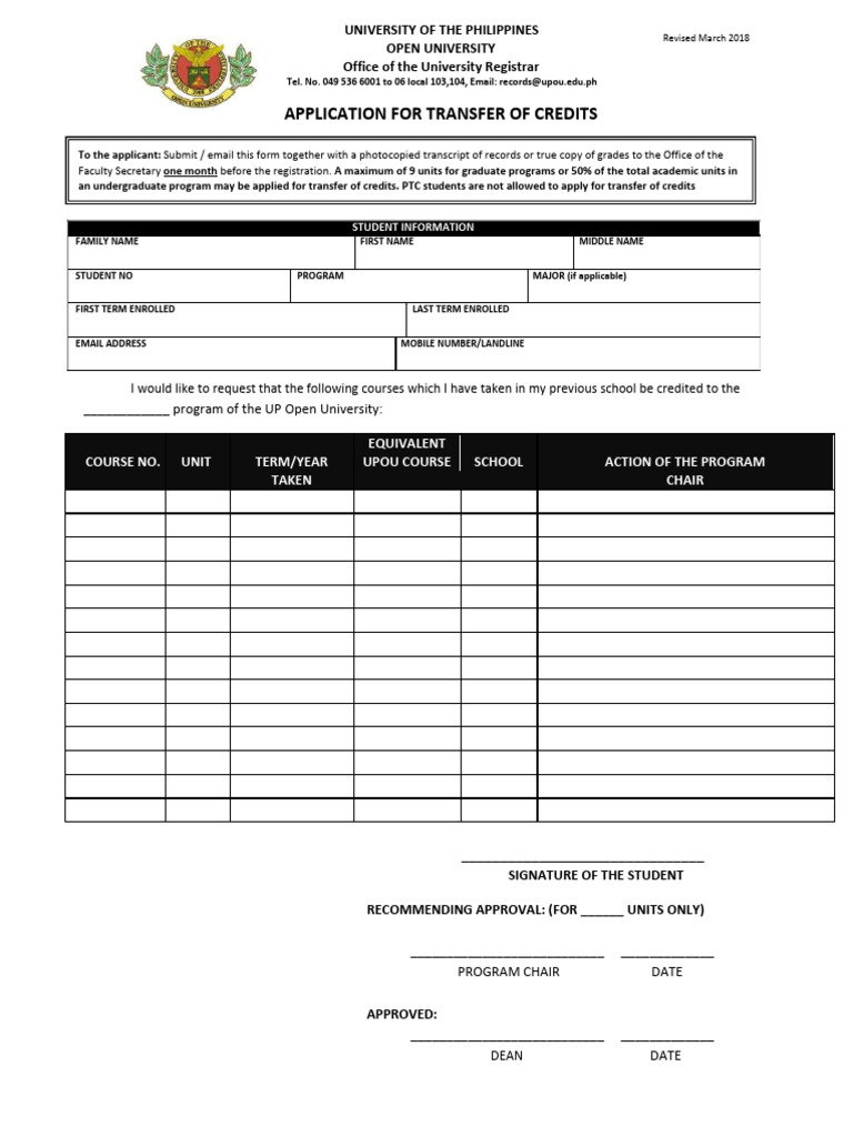 UP Open University Transfer Credit Form | PDF | Academia | Educational Stages