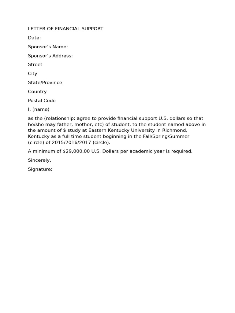 Financial Support Letter Template | PDF