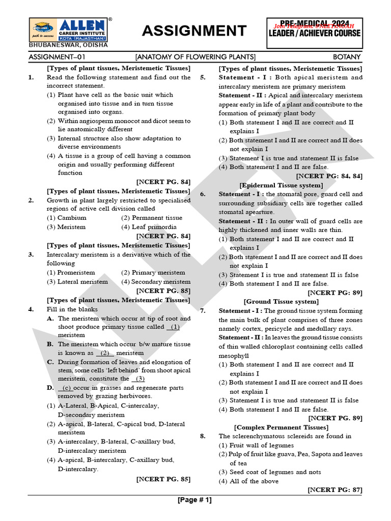 Allen Ncert Biology Pyq Bank by Team Kohinoor | PDF | Plant Stem ...