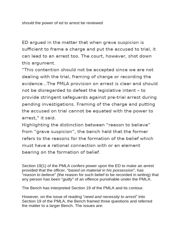 Power of ED to arrest | PDF | Arrest | Judgment (Law)