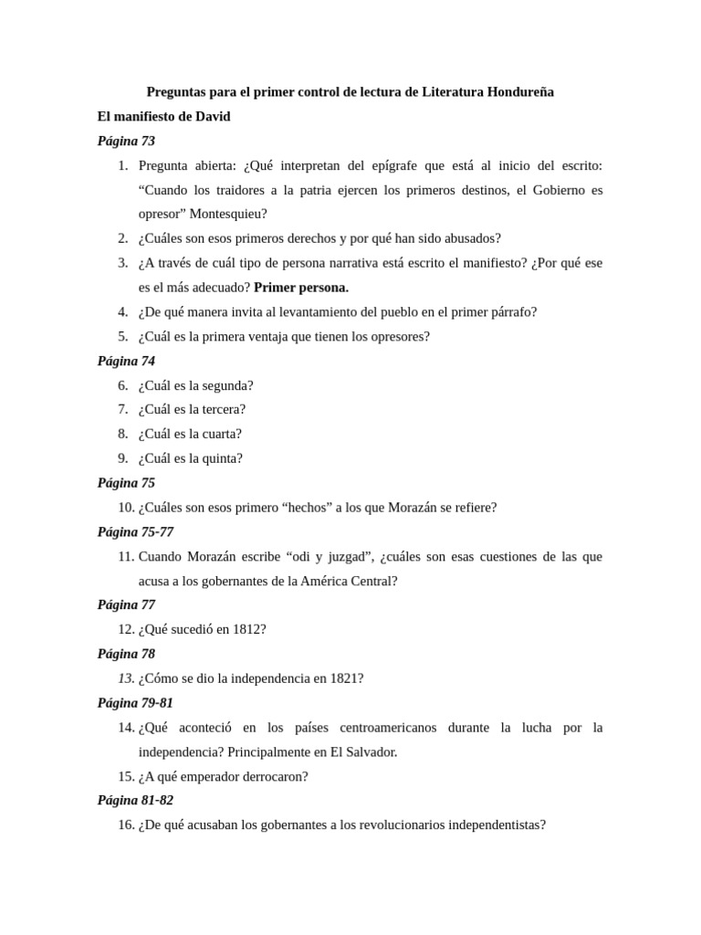 Preguntas para El Primer Control de Lectura de Literatura Hondureña | PDF