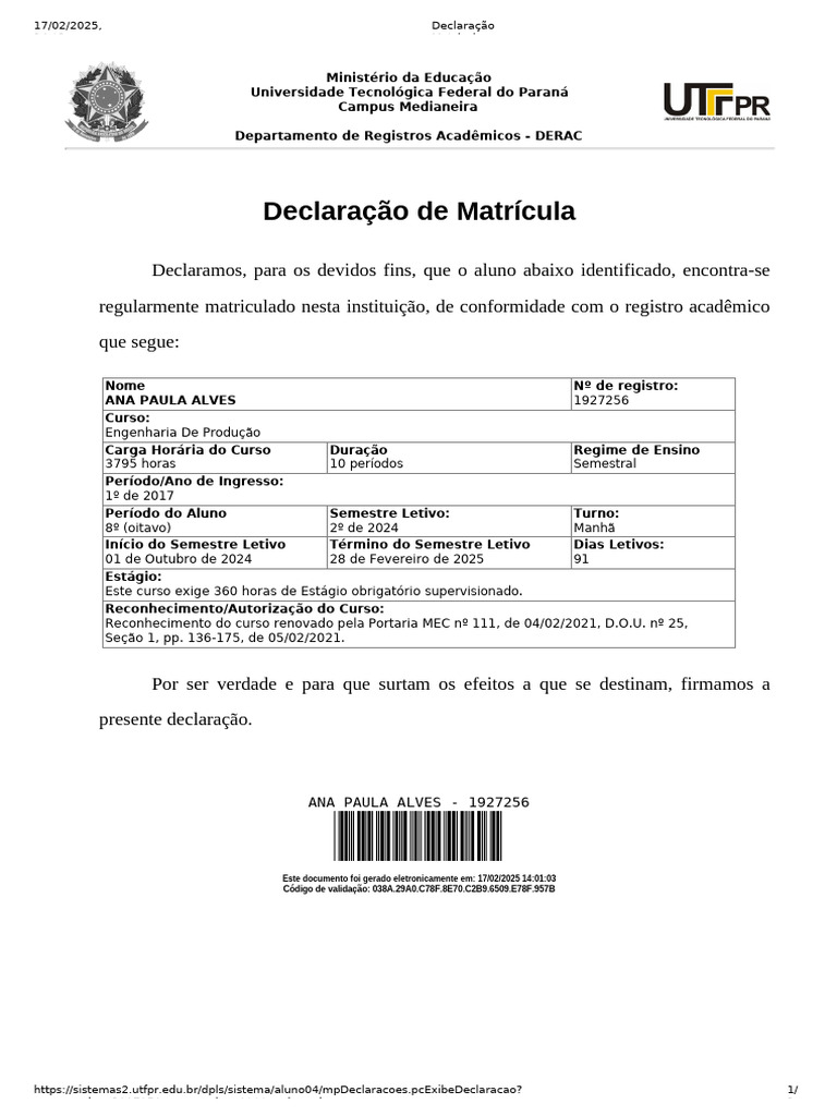 Declaração Matrícula Utfpr Pdf