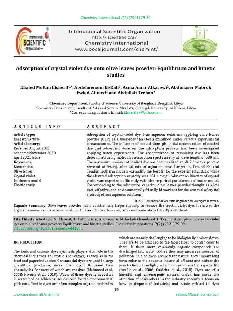 Adsorption of Crystal Violet Dye Onto Ol | PDF | Adsorption | Physical Sciences
