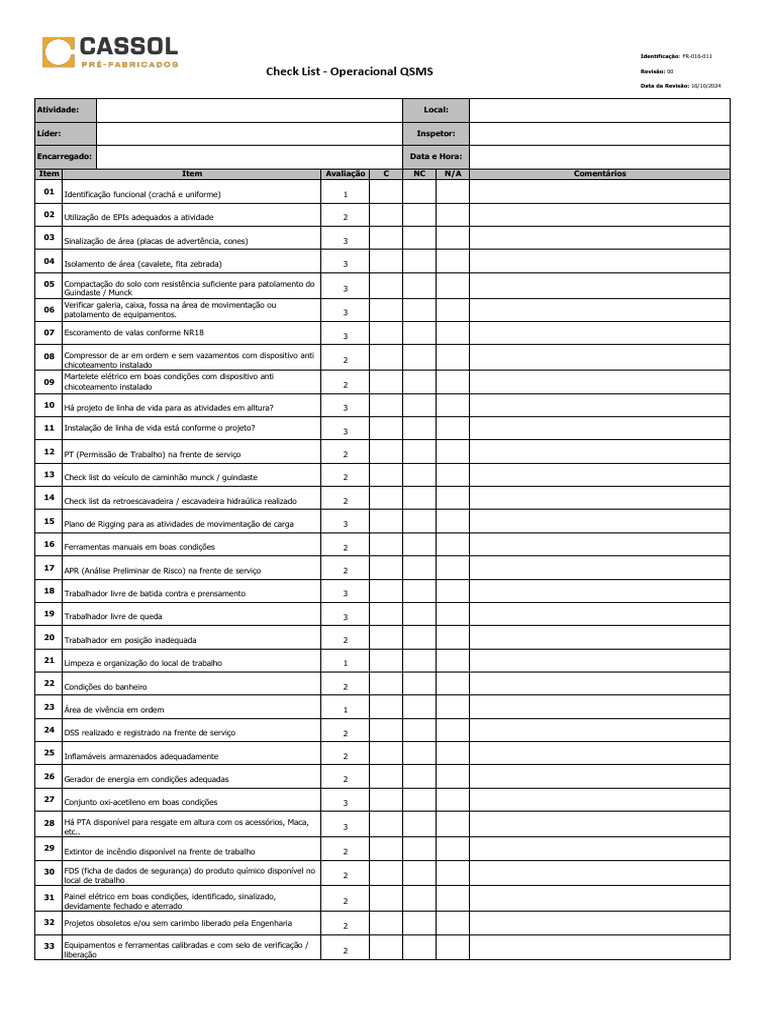 FR-016-011 Checklist Operacional de QSMS Rev00 | PDF | Guindaste (máquina)