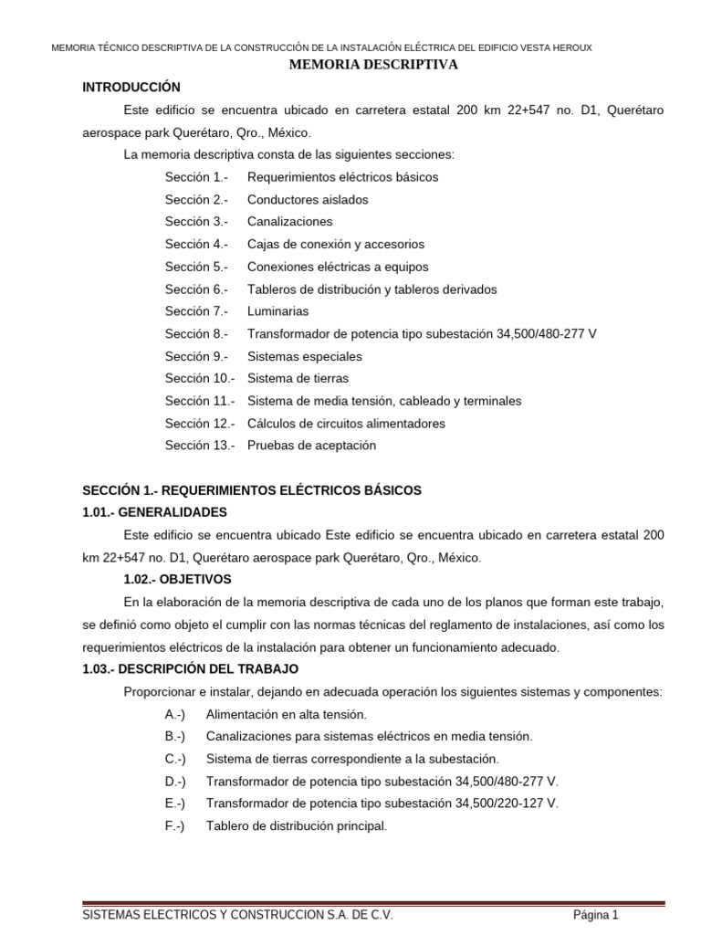 Memoria técnico descriptiva VESTA | PDF | Aislador (Electricidad) | Conductor electrico