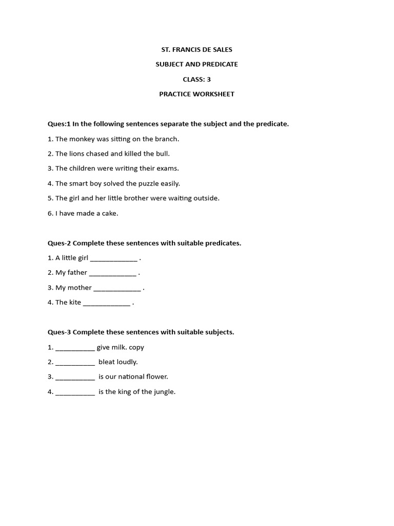 Subject and Predicate Worksheet | PDF