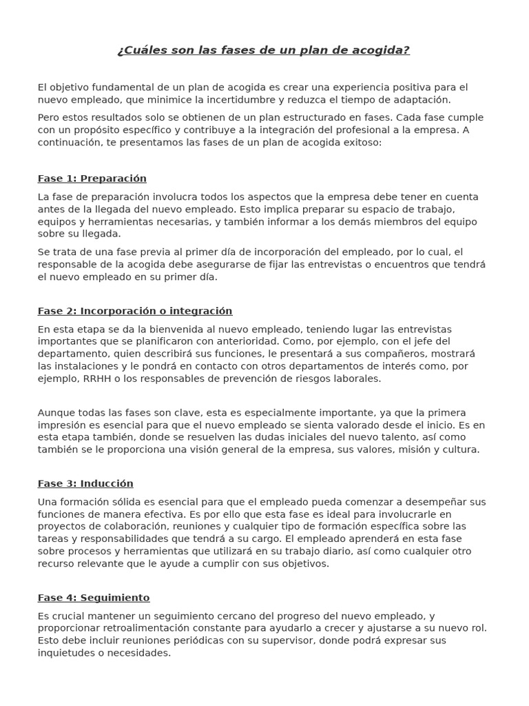 FASES PLAN DE ACOGIDA | PDF | Gestión de recursos humanos