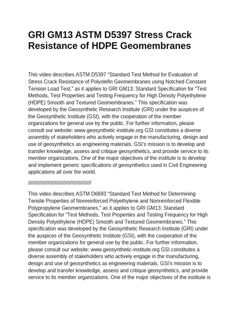 GRI GM13: ASTM D5397 HDPE Geomembranes | PDF | Applied And ...